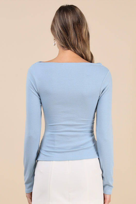 Light Blue Ruched Top - Long Sleeve Top - Gathered Boat Neck Top - Lulus