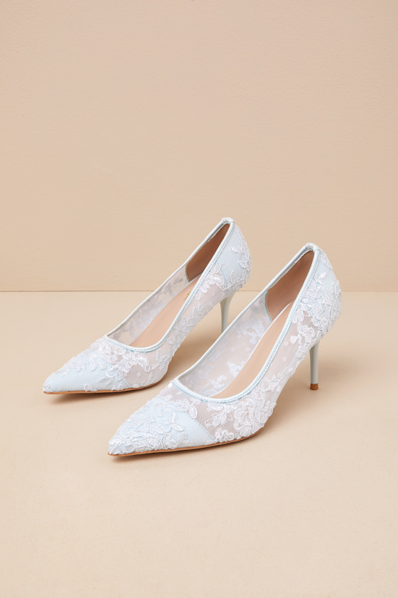 Baby Blue Pumps - Sheer Mesh Pumps - Embroidered Floral Pumps - Lulus