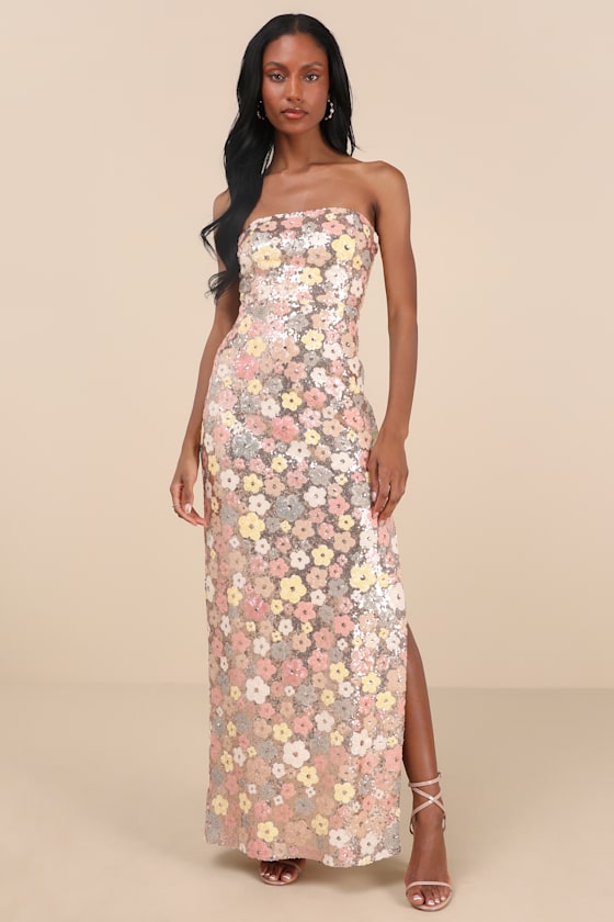 Gold Sequin Dress - Floral Sequin Dress - Strapless Maxi Gold Sequin Dress - Floral Sequin Dress - Strapless Maxi