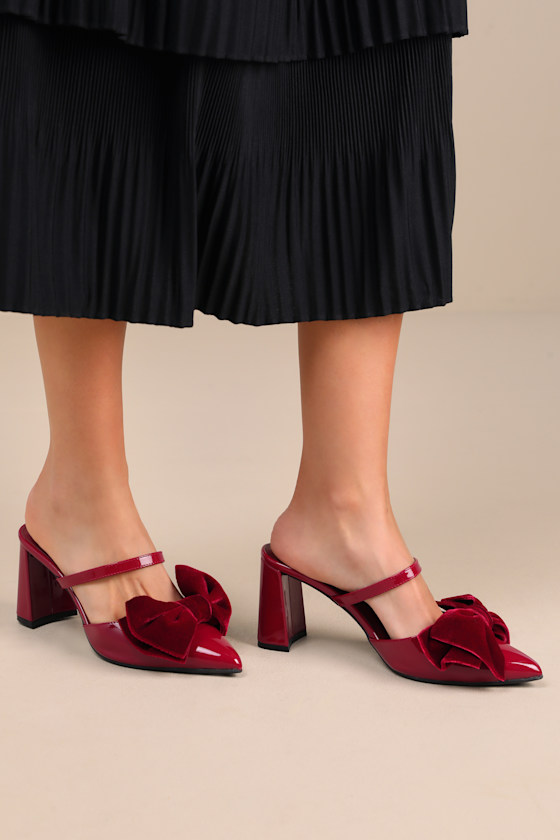 Cherry Red Pumps - Red Patent Mule Pumps - Velvet Bow Pumps - Lulus