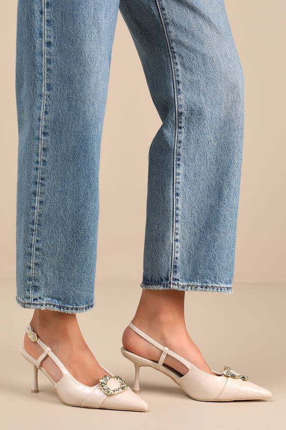 Bone Croc-Embossed Pumps - Slingback Pumps - Bone High Heels - Lulus