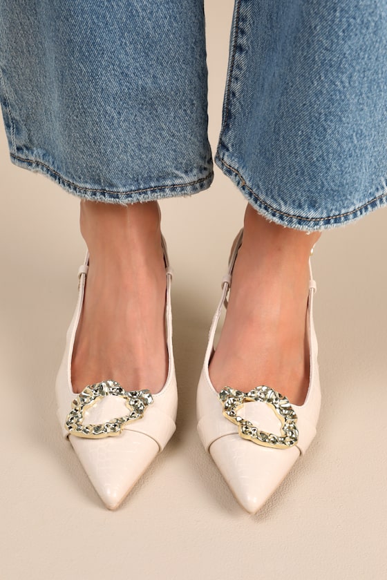 Bone Croc-Embossed Pumps - Slingback Pumps - Bone High Heels - Lulus