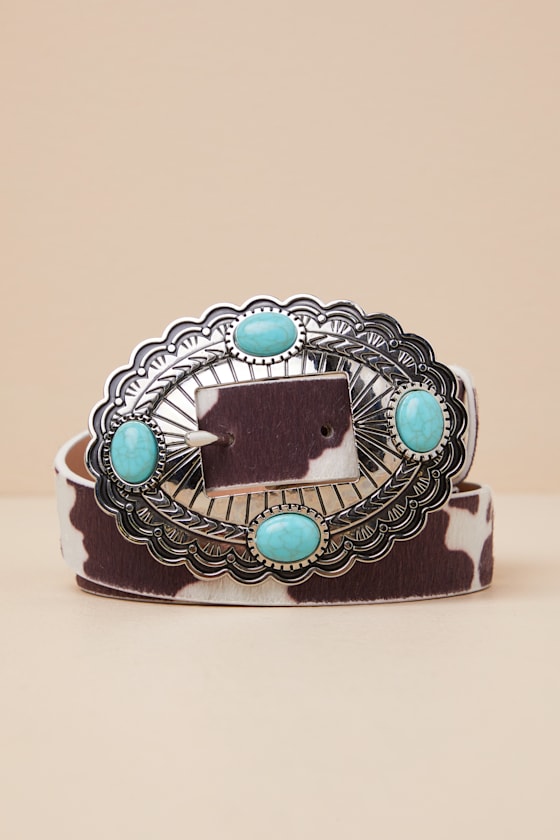 Brown Cow Print Belt - Concho Belt - Turquoise Western Belt - Lulus