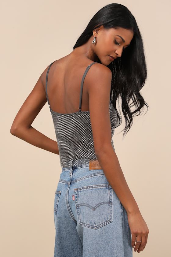 Dark Grey Cami Top - Fishnet Cami Top - Rhinestone Cami Crop Top - Lulus