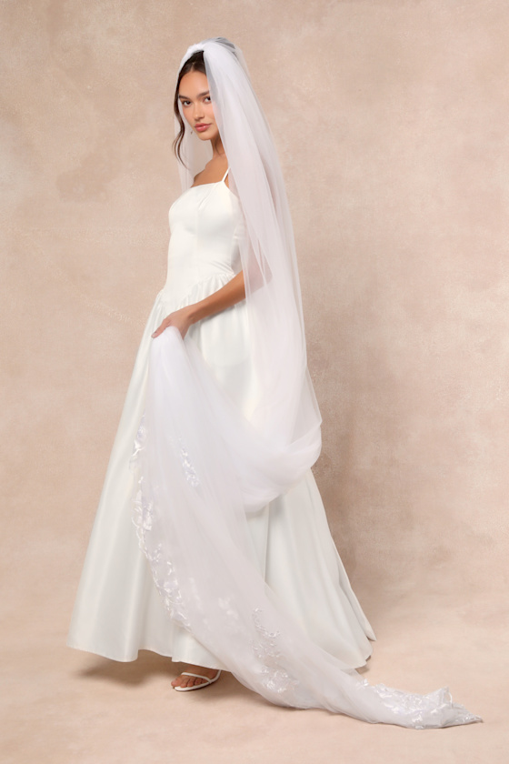 White Mesh Veil - White Extra Long Veil - Embroidered Mesh Veil - Lulus