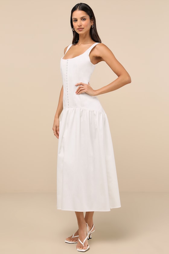 White Midi Dress - White Drop Waist Dress - Hook-and-Eye Dress - Lulus
