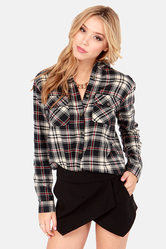 Cute Plaid Top Button Up Top Long Sleeve Top Plaid Flannel Top