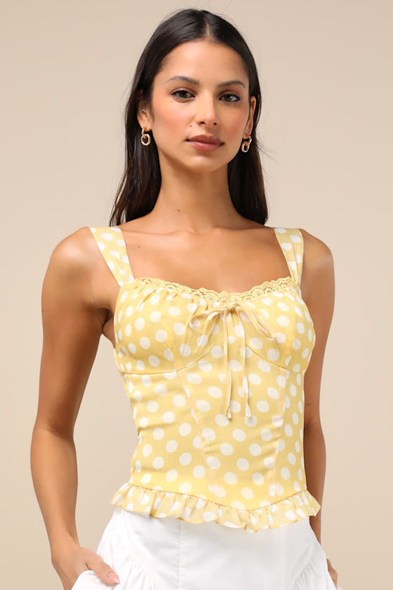 Yellow Polka Dot Top - Ruffled Hem Top - Lace-Trim Tank Top - Top - Lulus