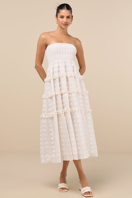 Ivory Floral Dress - Strapless Smocked Dress - Tiered Midi Dress - Lulus