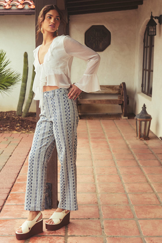 Blue and Ivory Embroidered Pants - High-Rise Pants - Cute Pants - Lulus