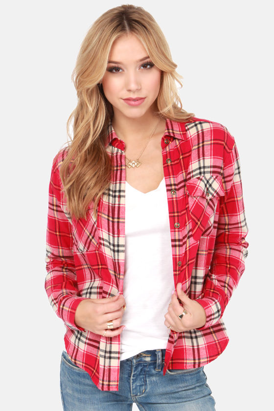 Cute Plaid Top - Button-Up Top - Long Sleeve Top - Plaid Flannel Top ...
