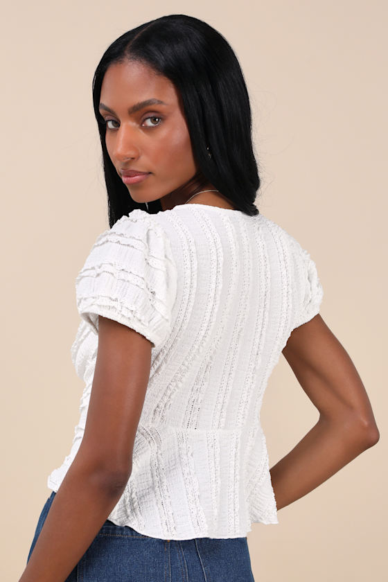 Ivory Puff Sleeve Top - Textured Ruffled Top - Peplum Crop Top - Lulus