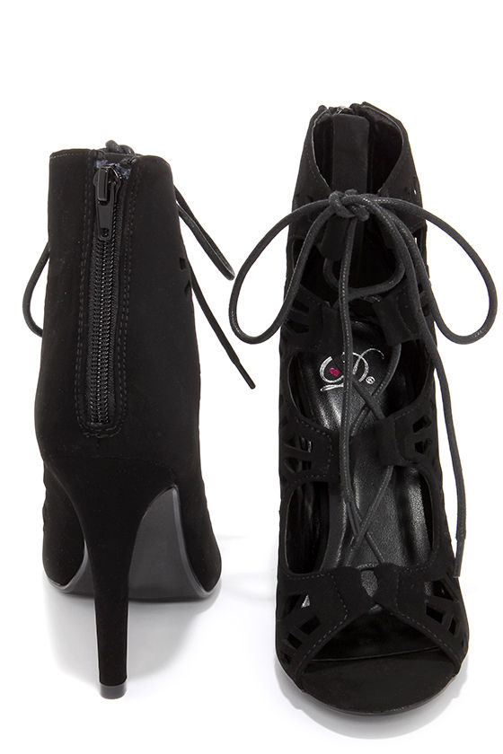 Pretty Peep Toe Booties - Black Booties - Lace-Up Heels - $32.00