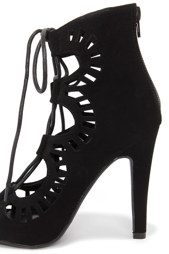 Pretty Peep Toe Booties - Black Booties - Lace-Up Heels - $32.00