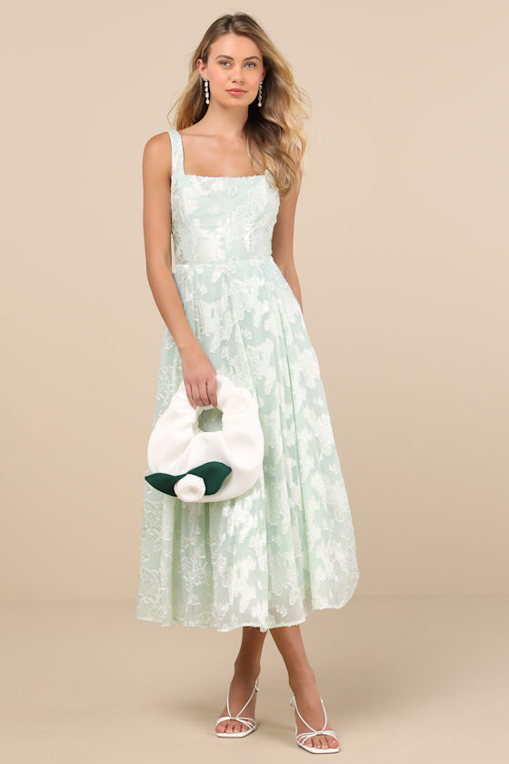 Mint Floral Burnout Dress - Lace-Up Midi Dress - A-Line Dress - Lulus