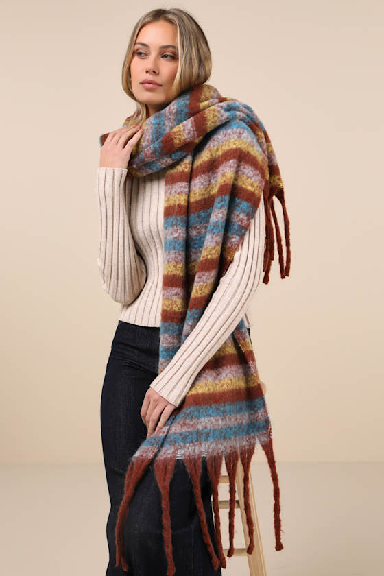 Rust Brown Multi Striped Scarf - Fringed Scarf - Oversized Scarf - Lulus