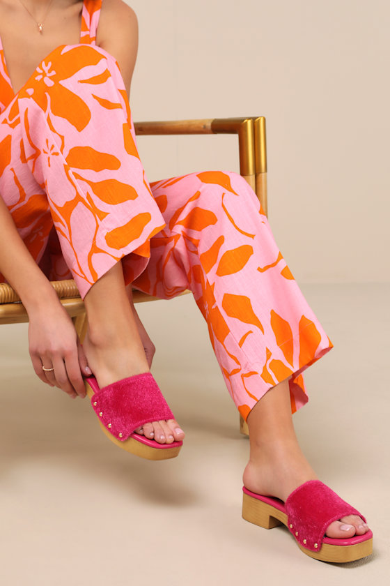 Fuchsia Slide Sandals - Faux Fur Sandals - Platform Slide Sandals - Lulus