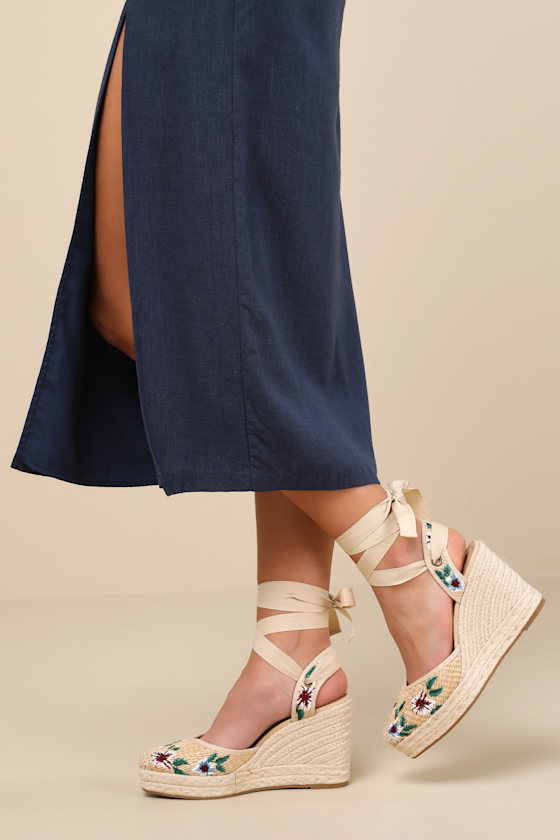 Steve Madden Vero - Beige Raffia Wedges - Lace-Up Platform Wedges - Lulus