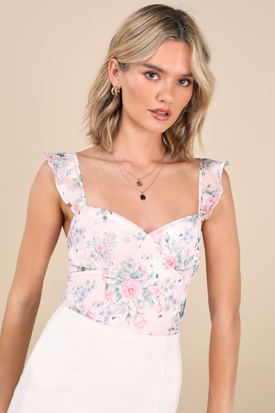 Blush Floral Bodysuit - Ruffled Strap Bodysuit - Floral Top - Top - Lulus