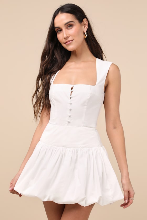 White Mini Skirt - Poplin Skater Skirt - Bubble-Hem Mini Skirt - Lulus