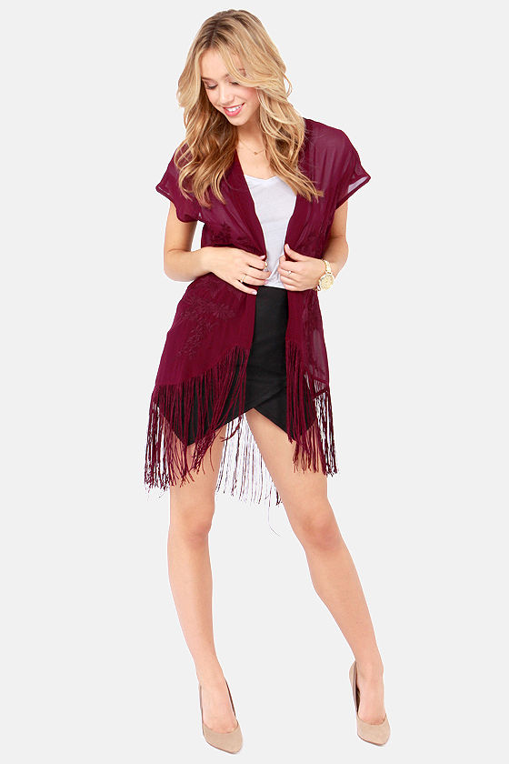 Cute Burgundy Top Embroidered Top Fringe Top 65 00