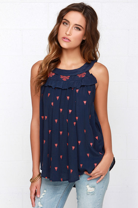 Cute Navy Blue Top - Orange Print Top - Embroidered Top - $75.00 - Lulus
