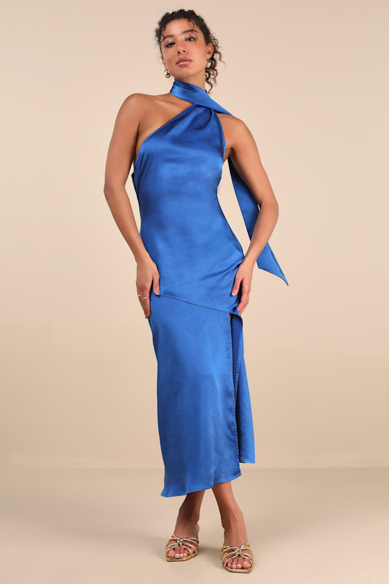 Blue Satin Midi Dress - One-Shoulder Sash Dress - Bias-Cut Dress - Lulus