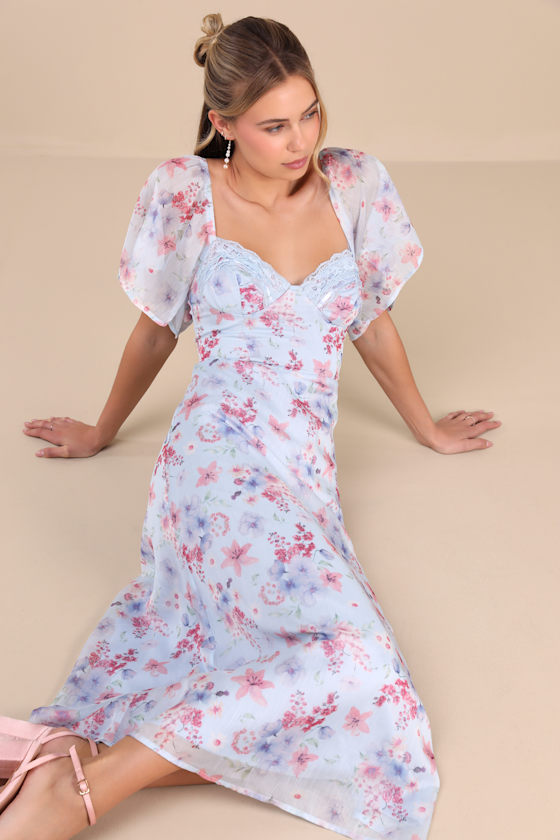 Light Blue Floral Dress - Fluttery Sleeve Dress - Blue Midi Dress - Lulus