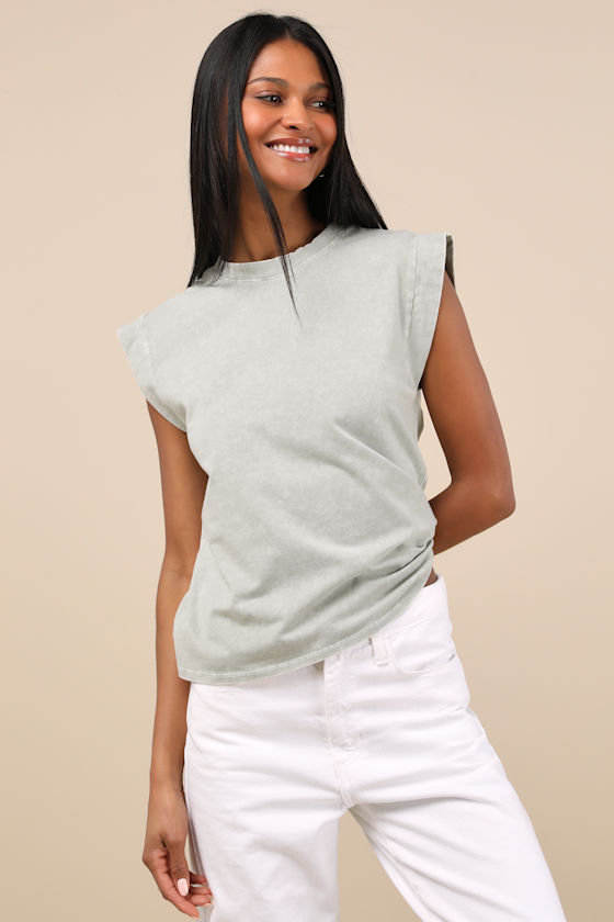 Washed Sage Tee - Cotton Tee - Cap Style Tee - Crew Neck Tee - Lulus