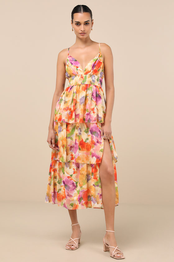 Yellow Abstract Floral Dress - Floral Midi Dress - Tiered Dress - Lulus