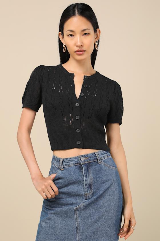Black Pointelle Knit Top - Puff Sleeve Top - Button-Front Top - Lulus