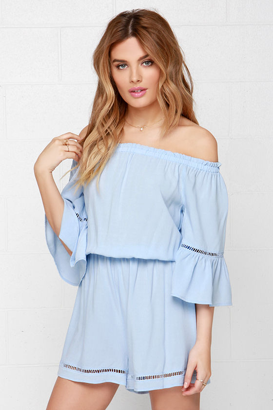 Cute Light Blue Romper - Off the Shoulder Romper - Embroidered Romper ...