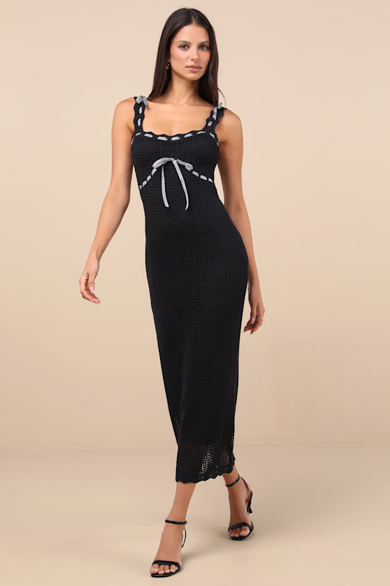 Black Knit Midi Dress - Threaded Bow Dress - Scalloped Dress - Lulus