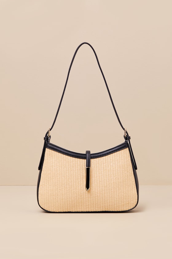 Black Handbag - Raffia Woven Bag - Faux Leather Shoulder Bag - Lulus