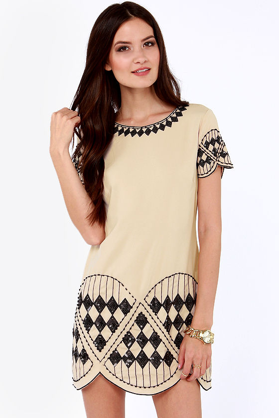 Cute Beige Dress - Sequin Dress - Shift Dress - Beaded Dress - $71.00 ...