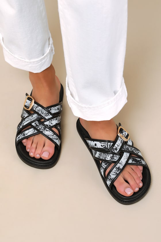 Black Multi Tropical Print Sandals - Strappy Sandals - Slides - Lulus