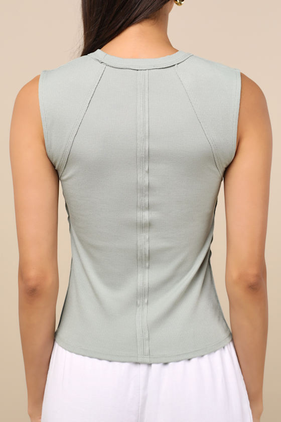 Sage Ribbed Tank Top - Raglan Seamed Tank Top - Crew Neck Tank - Lulus
