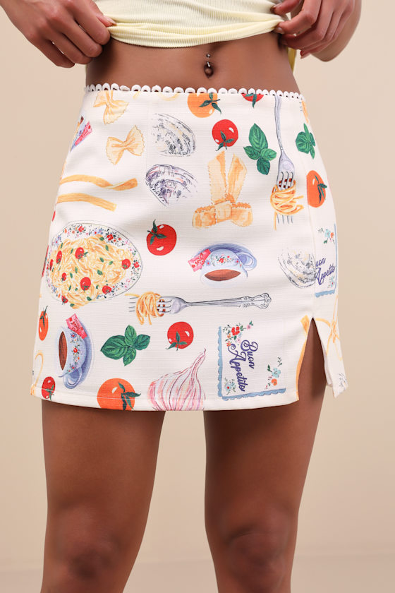 White Multi Print Skirt - High-Rise Mini Skirt - Scalloped Skirt - Lulus
