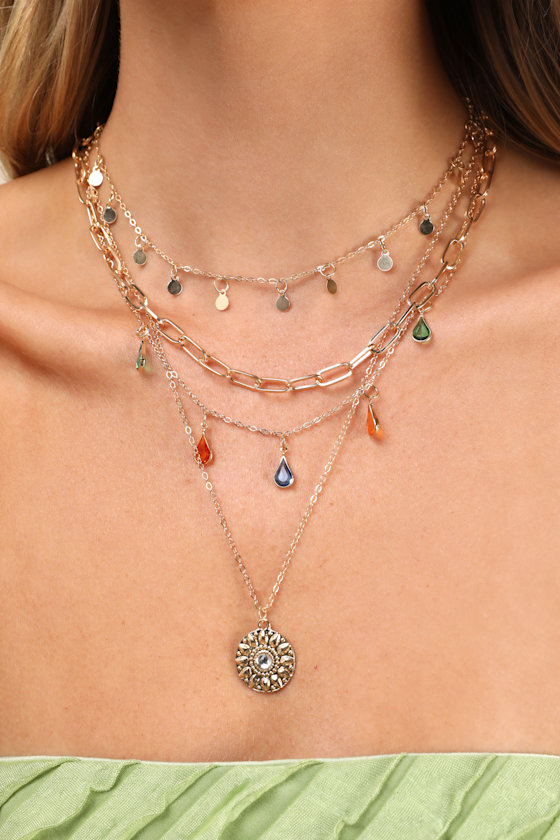 Gold Layered Necklace - Colorful Rhinestone Necklace - Necklace - Lulus