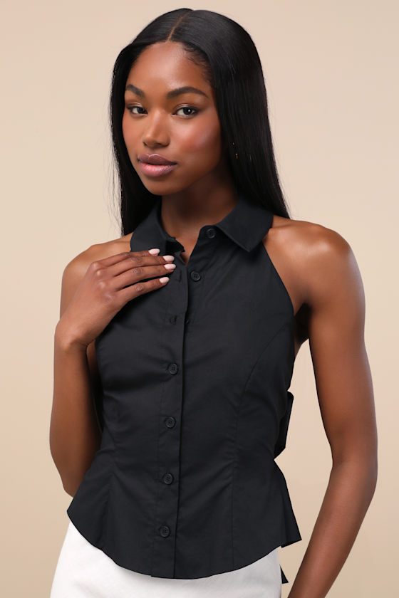 Black Collared Top - Halter Button-Front Top - Tie-Back Top - Lulus