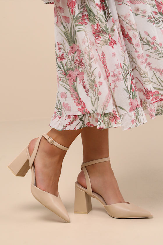 Beige Pointed-Toe Pumps - Ankle Strap Pumps - Block Heel Pumps - Lulus