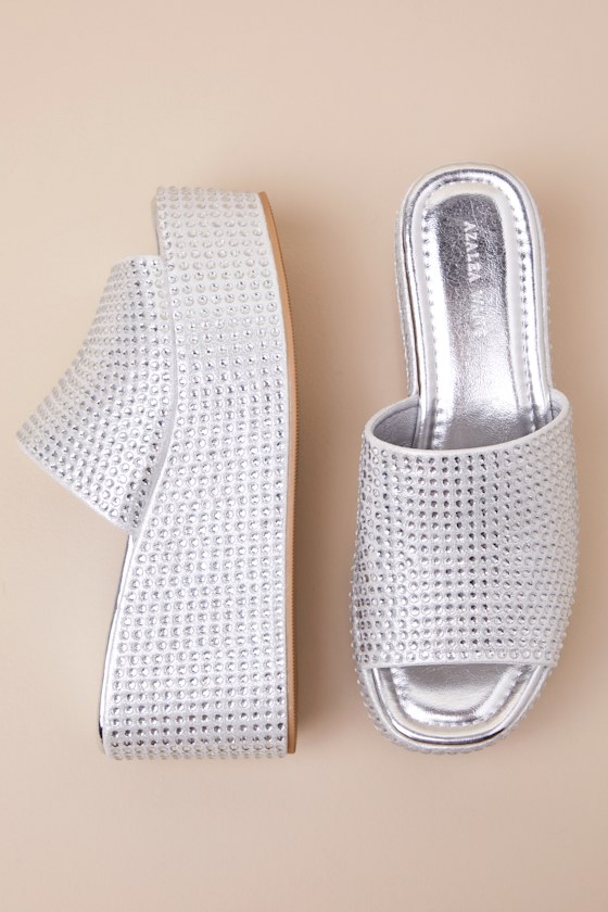 Azalea Wang Arachna - Silver Rhinestone Platforms - Slide Sandals - Lulus