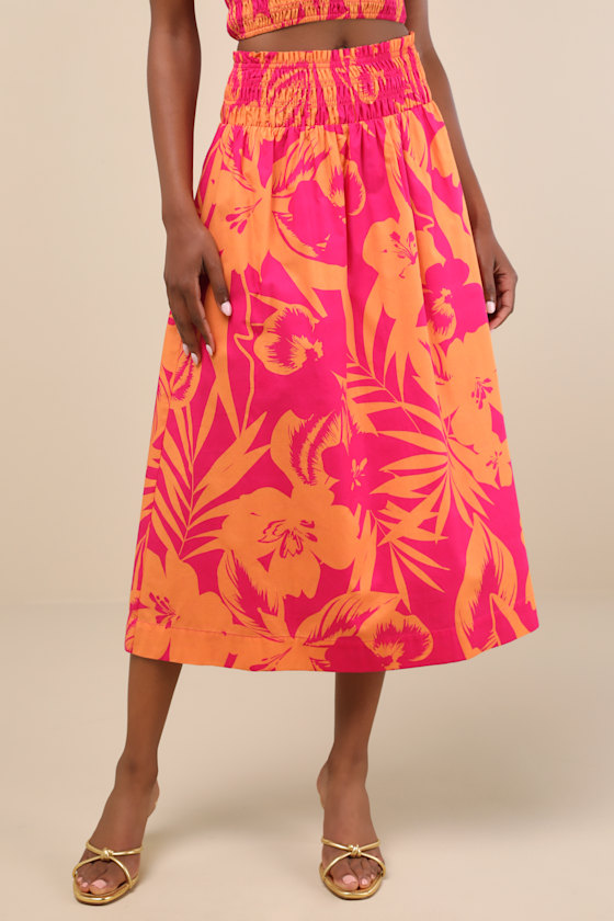 Pink & Orange Floral Skirt - Floral Midi Skirt - Floral Skirt Set - Lulus
