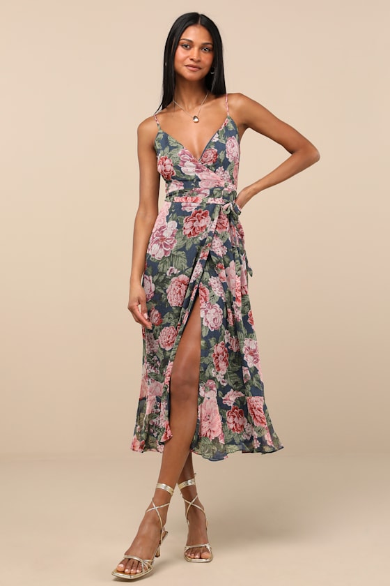 Navy Blue Floral Chiffon Dress - Wrap Midi Dress - Chiffon Dress - Lulus