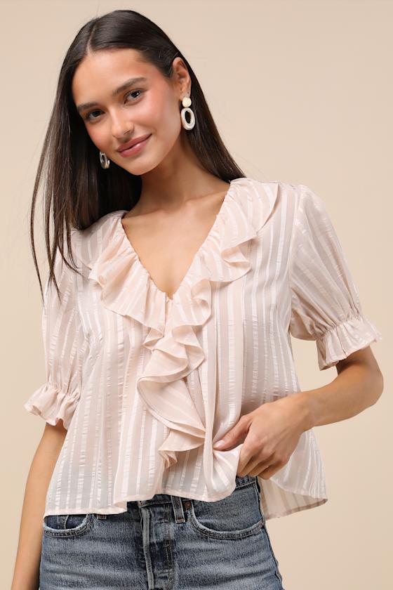 Cream Striped Top - Ruffled V-Neck Top - Short Sleeve Blouse - Lulus