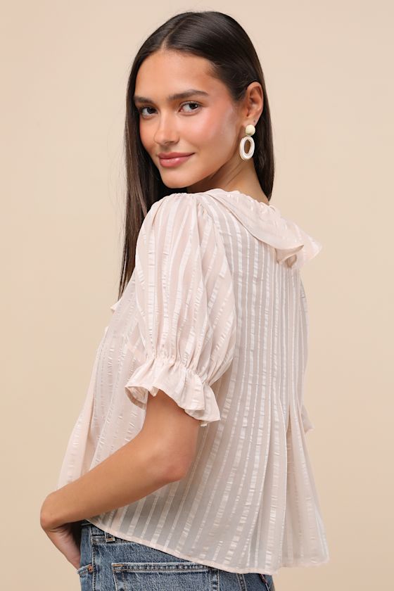 Cream Striped Top - Ruffled V-Neck Top - Short Sleeve Blouse - Lulus