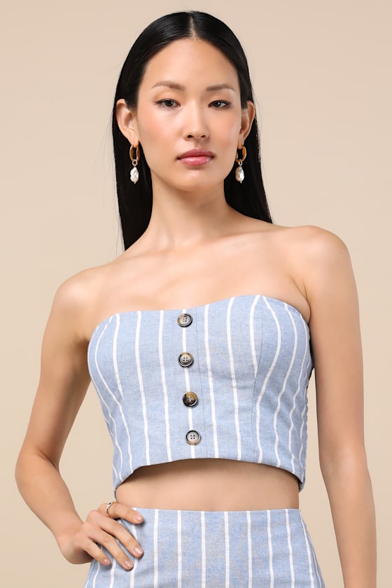 Blue Striped Crop Top - Button-Front Strapless Top - Striped Set - Lulus