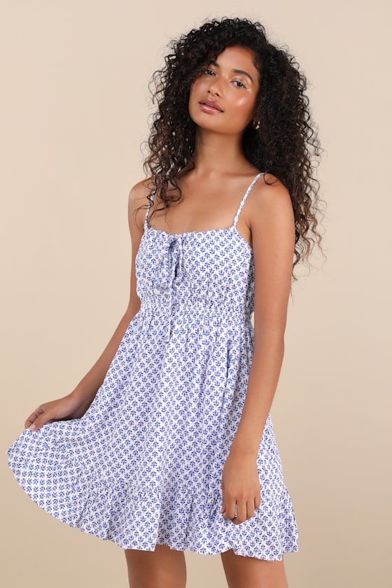 Blue and White Print Dress - Sleeveless Mini Dress - Tiered Dress - Lulus