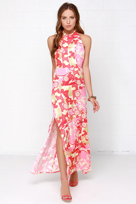 Mink Pink Kyoto Dreaming Coral Red Dress Floral Print Dress 98