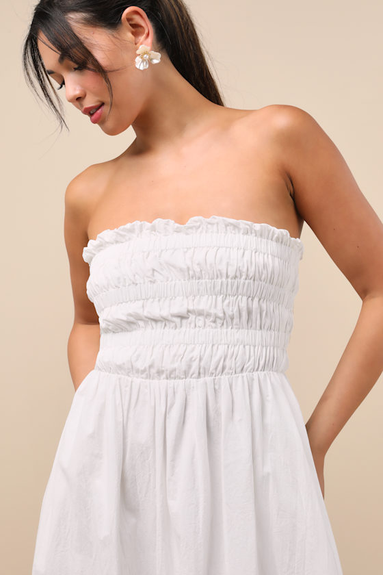 White Smocked Dress - Dress With Pockets - Strapless Midi Dress - Lulus